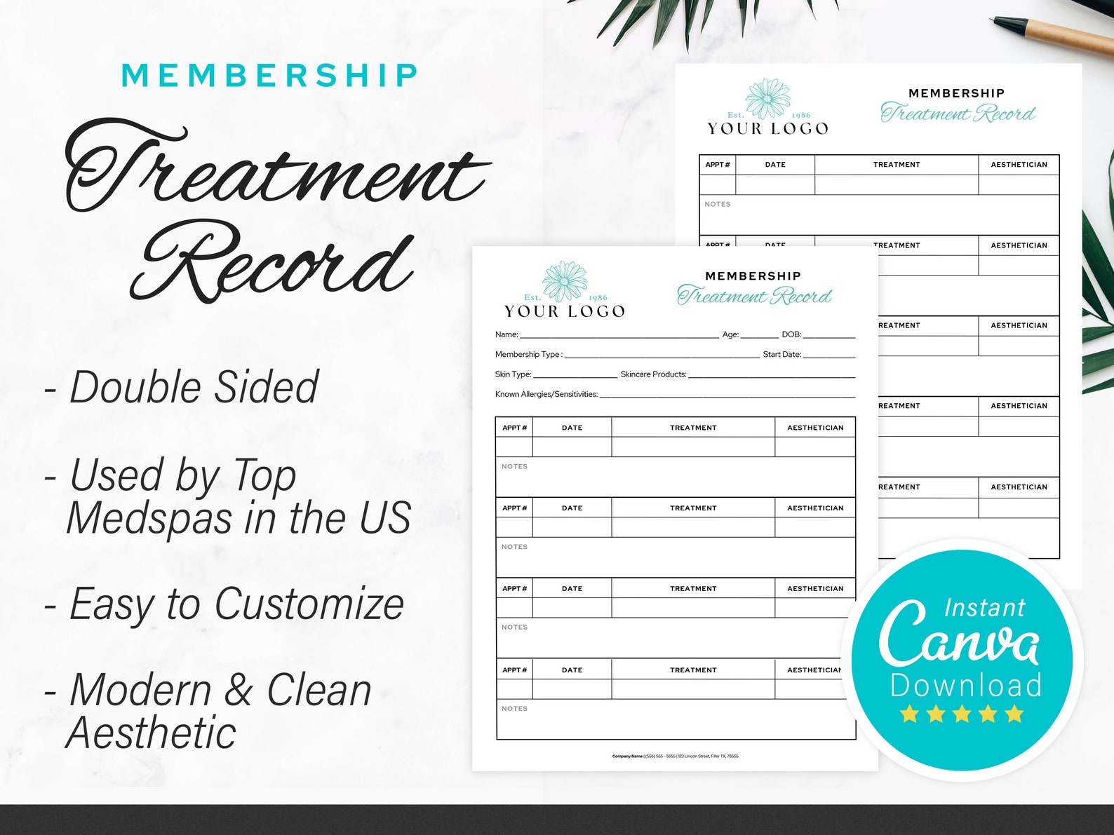 Membership Treatment Record Form, Aesthetics Membership Template, Canva ...