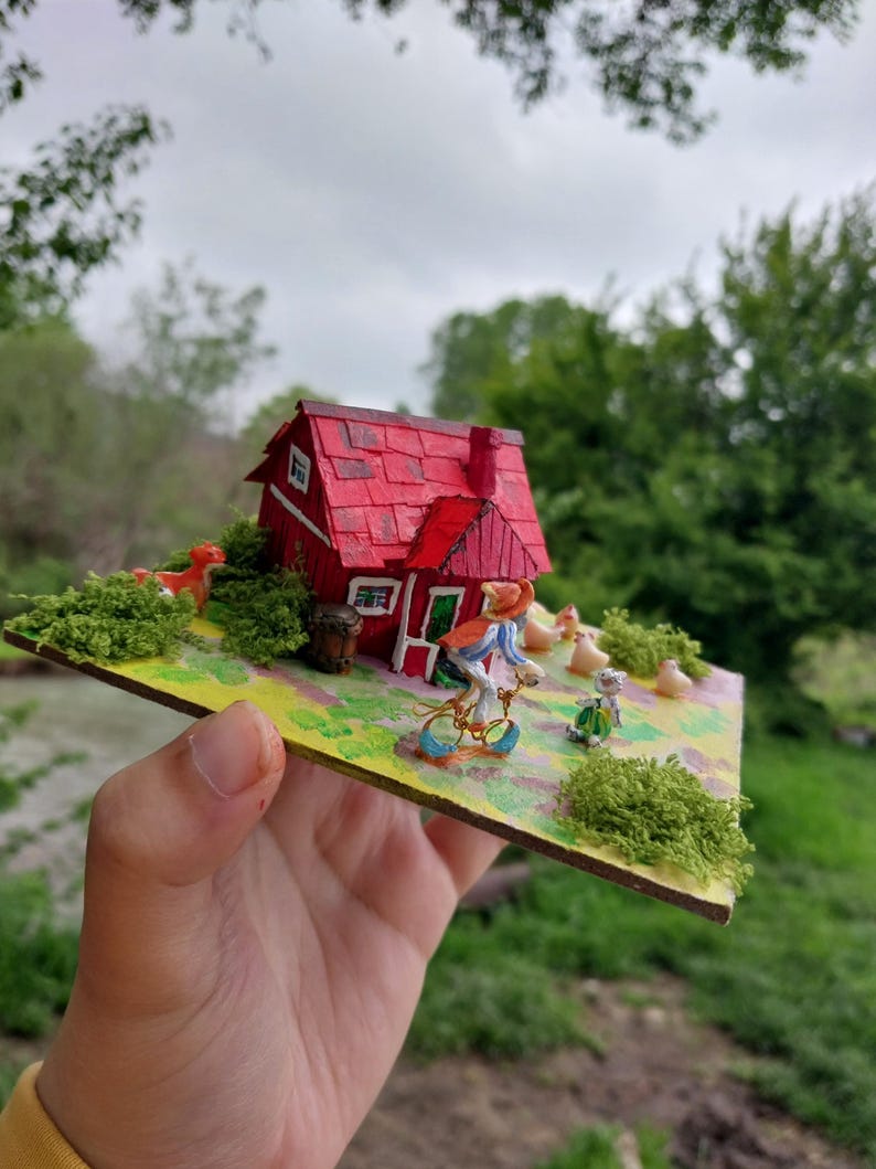 Miniature Diorama With Red Cottage/ Little Old Man/ Polymer Clay ...