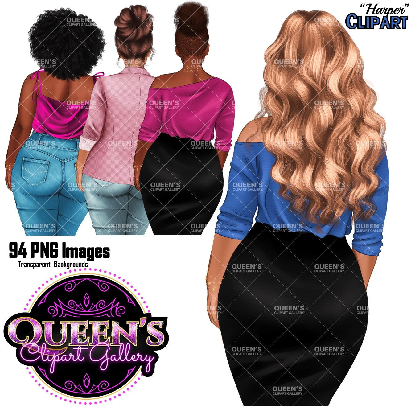 Backs Turned Clipart, Woman's Back Clipart, Customizable Clipart, Afro ...