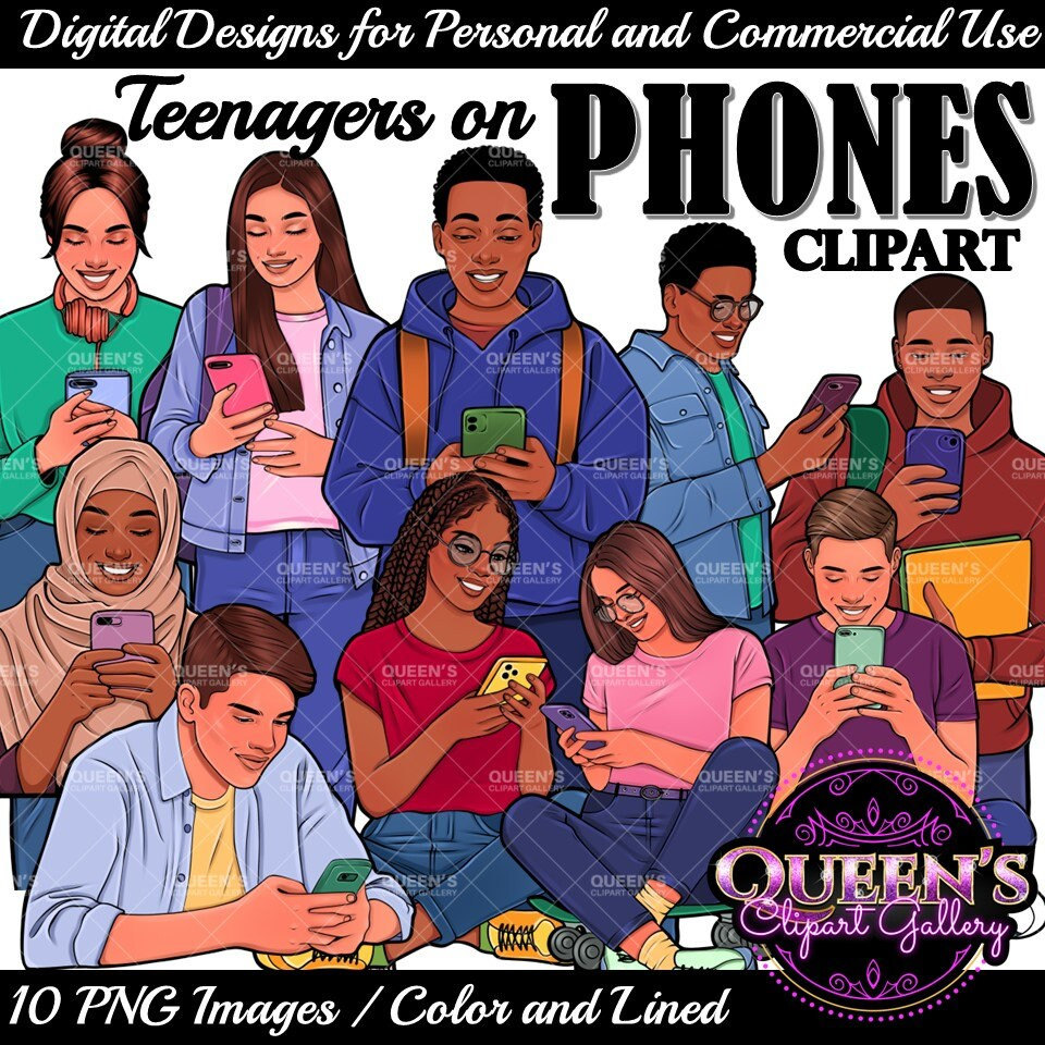 Teens on Phones Clipart, Teens Texting Clipart, Teenagers Clipart, High ...