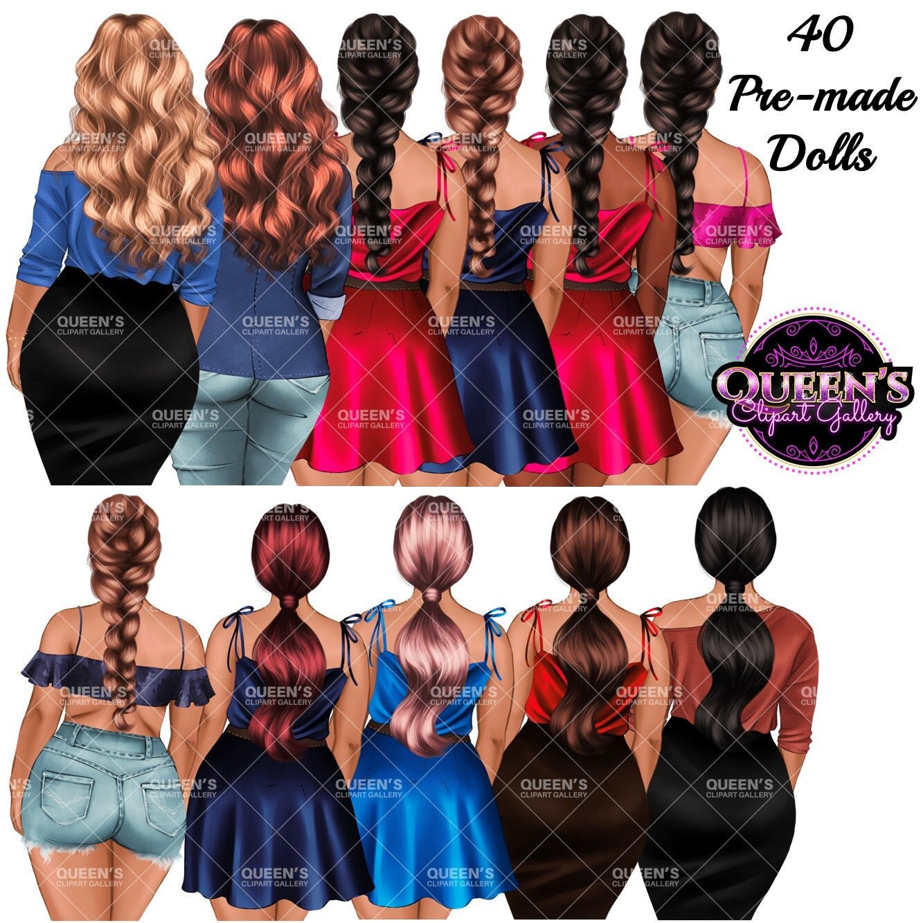 Backs Turned Clipart, Woman's Back Clipart, Customizable Clipart, Afro ...