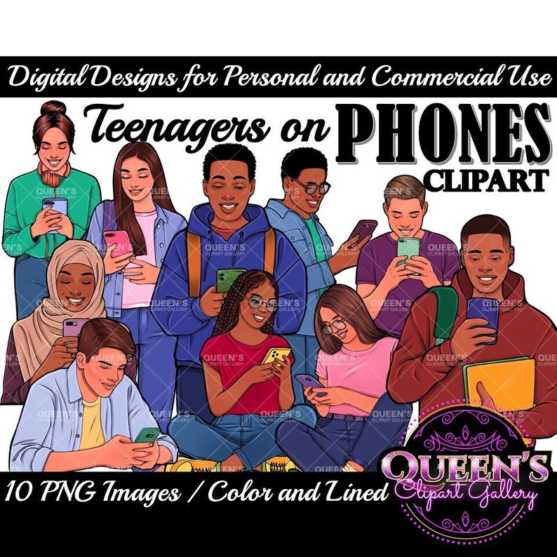 Teens on Phones Clipart, Teens Texting Clipart, Teenagers Clipart, High ...
