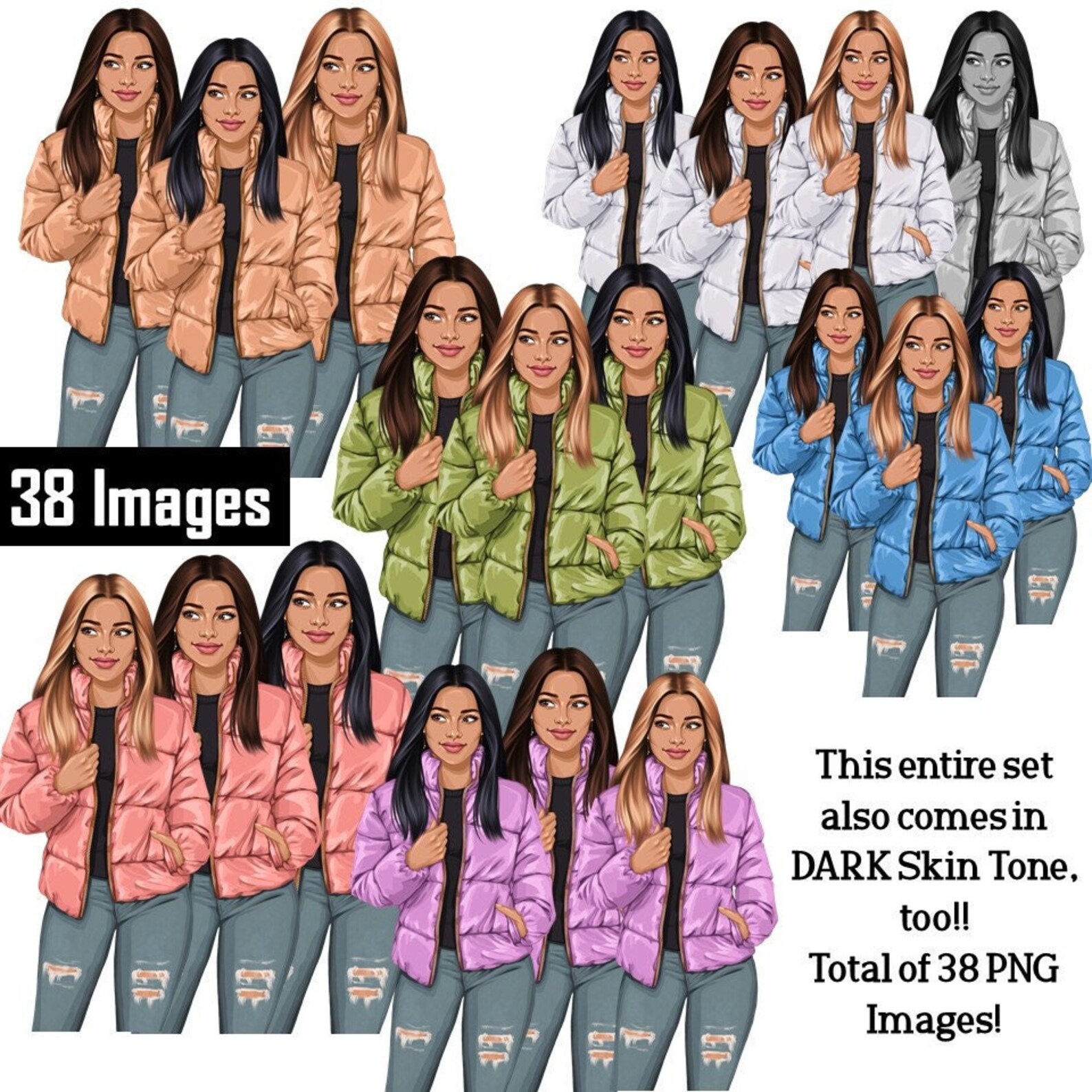 Clipart - "girls in Bubble Jackets" Fashion Girl Clipart, Printable ...