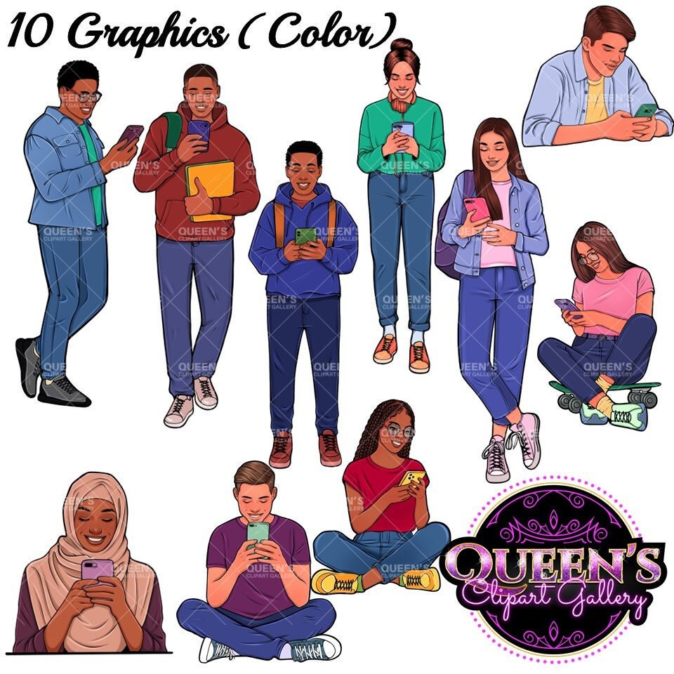 Teens on Phones Clipart, Teens Texting Clipart, Teenagers Clipart, High ...