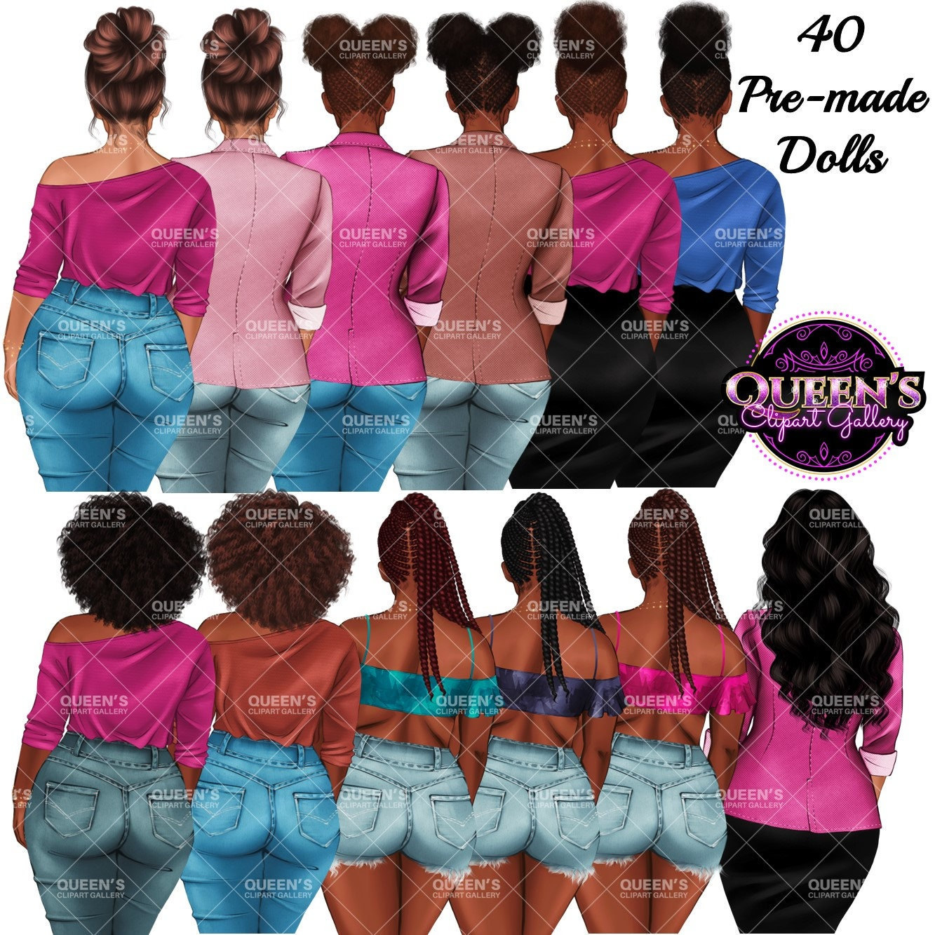 Backs Turned Clipart, Woman's Back Clipart, Customizable Clipart, Afro ...