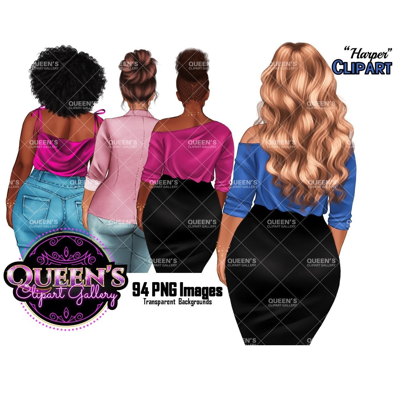 Backs Turned Clipart, Woman's Back Clipart, Customizable Clipart, Afro ...