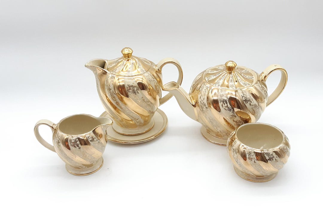 Sadler Golden Swirl Tea Set -tea Pots, Platter, Creamer and Sugar Bowl ...