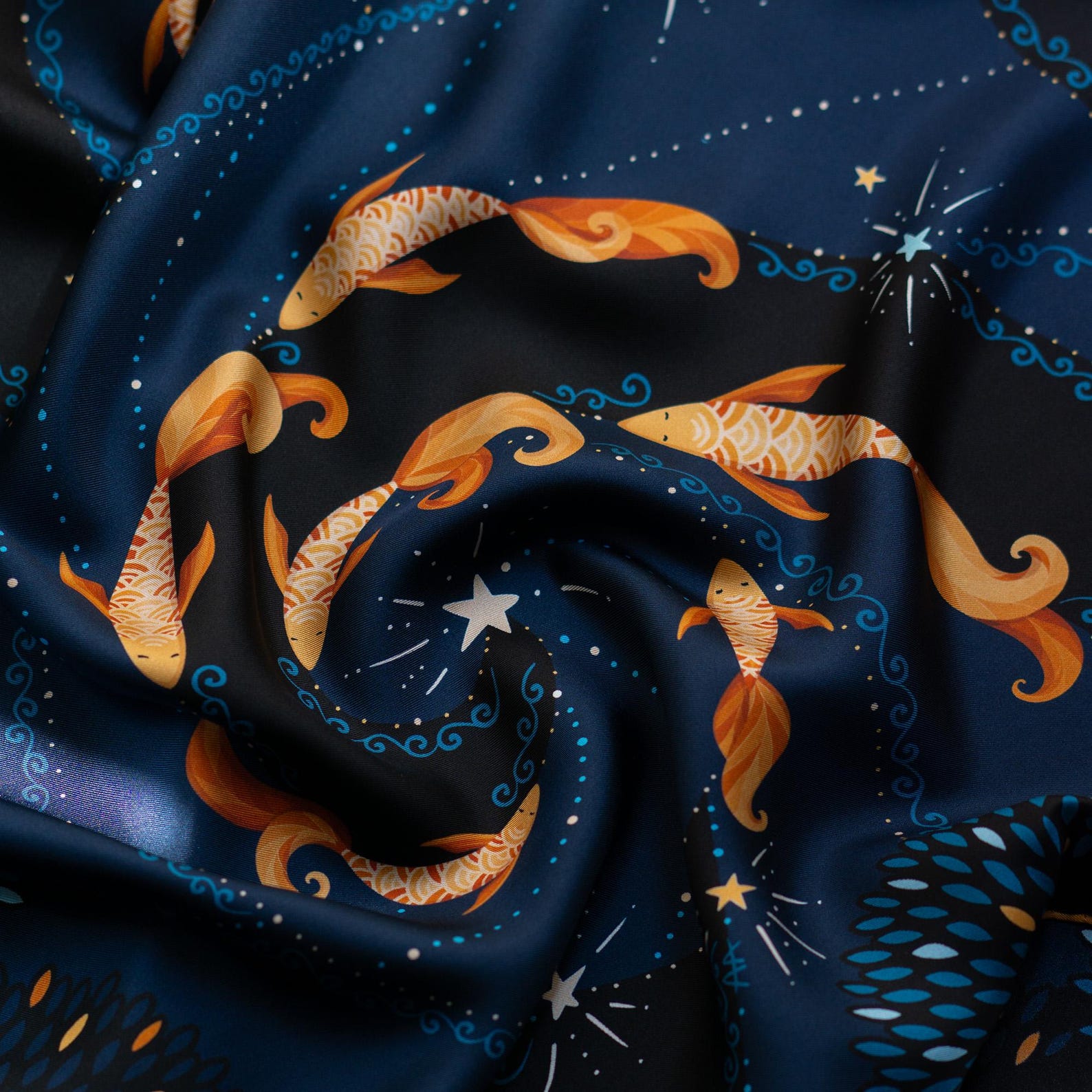 Large Silk Scarf "the Stars and the Sea" – Midnight Blue & Gold. Koi ...