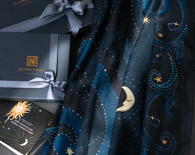 Long Silk Stole "beautiful as the Moon", Night Blue. Silk & Cotton ...