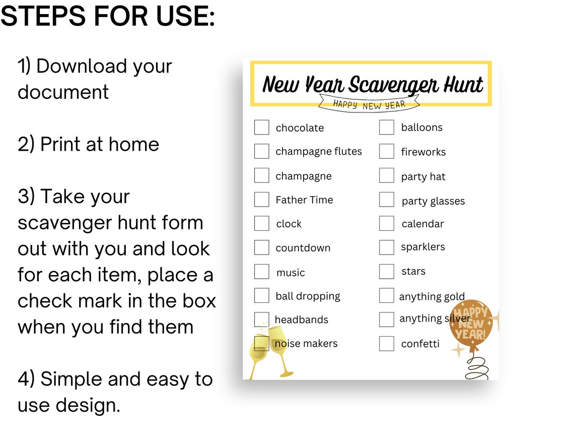Printable New Year PDF Scavenger Hunt Downloadable, New Year's Eve Day ...