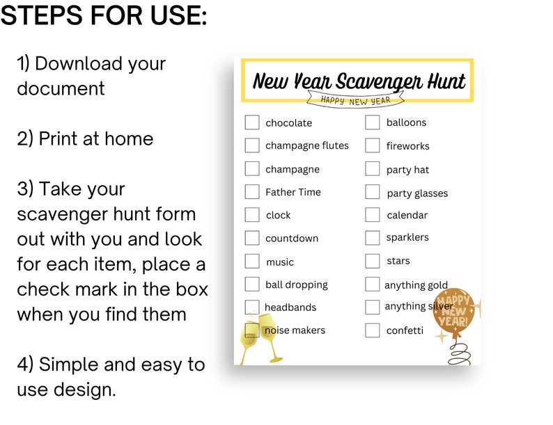 Printable New Year PDF Scavenger Hunt Downloadable, New Year's Eve Day ...