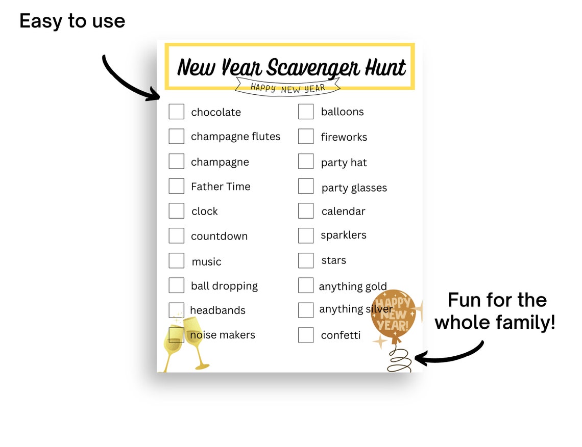 Printable New Year PDF Scavenger Hunt Downloadable, New Year's Eve Day ...