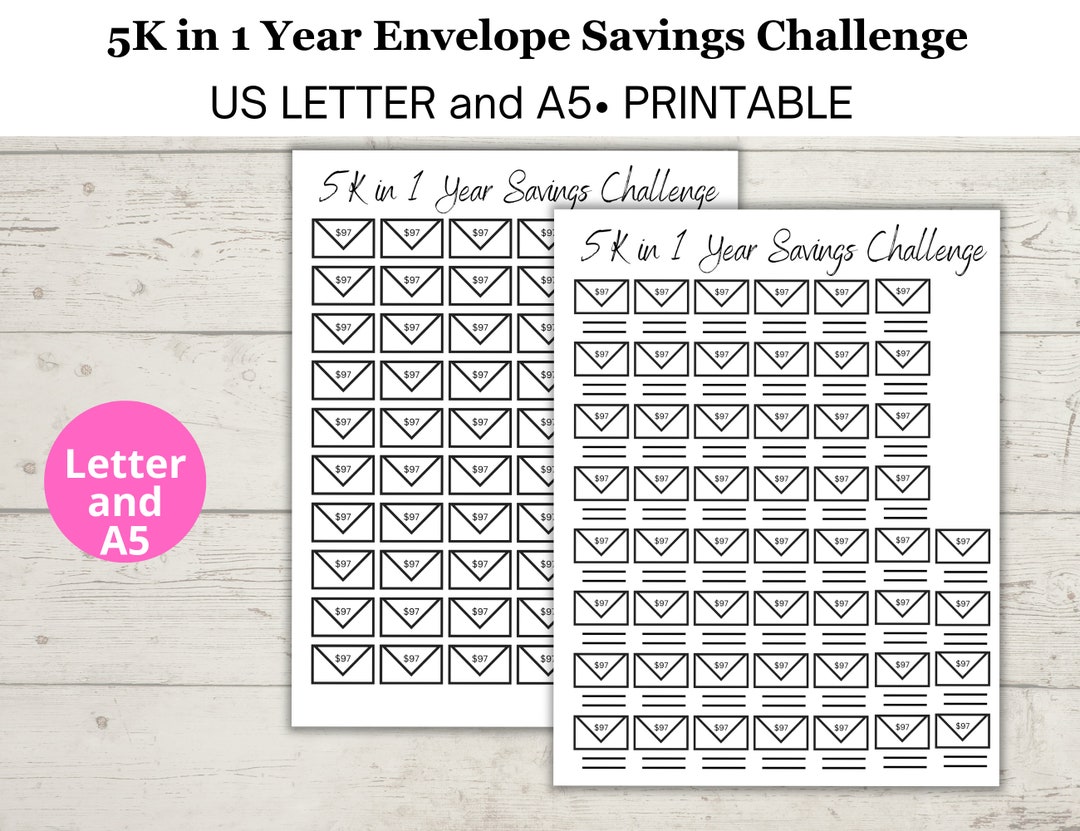 Printable 5K in 1 Year Envelope Savings Challenge Downloadable ...