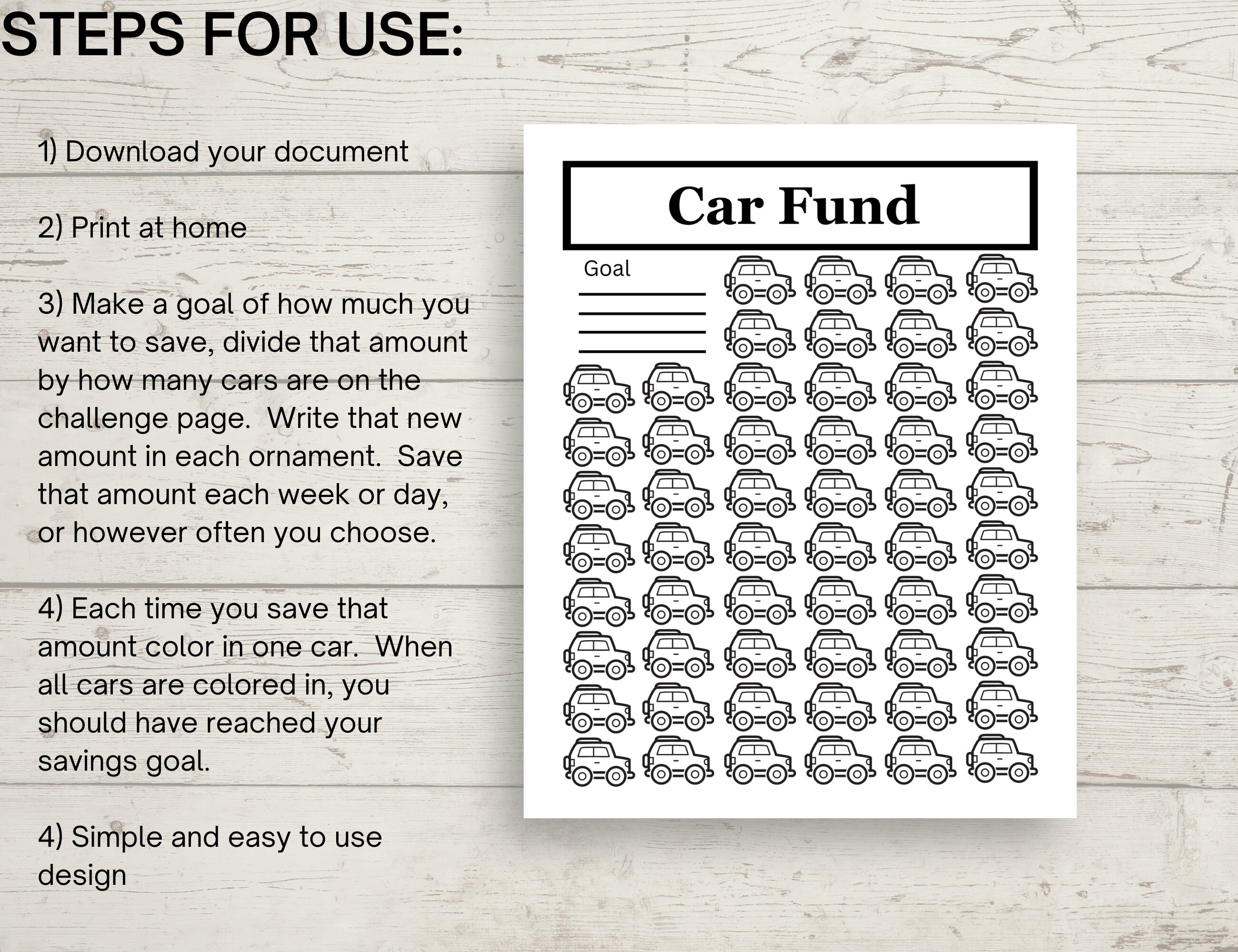 Printable Car Fund Savings Challenge Downloadable Worksheet, Savings ...