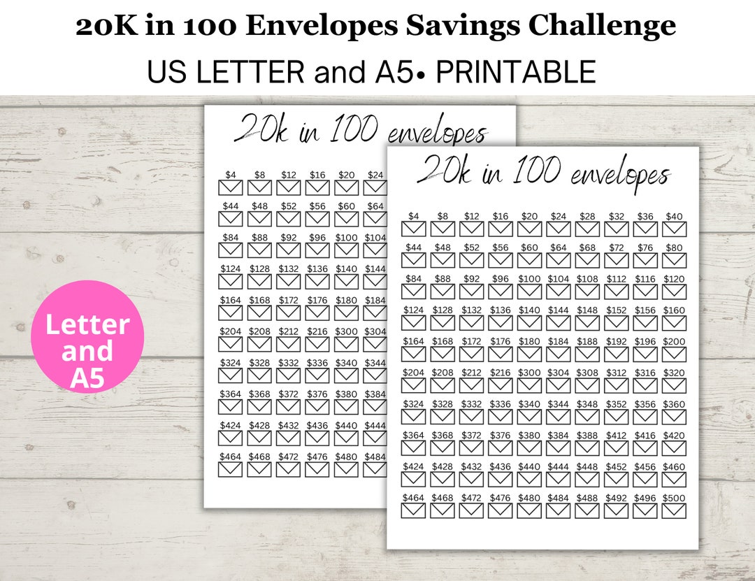 Printable 20K in 100 Envelopes Savings Challenge Downloadable ...