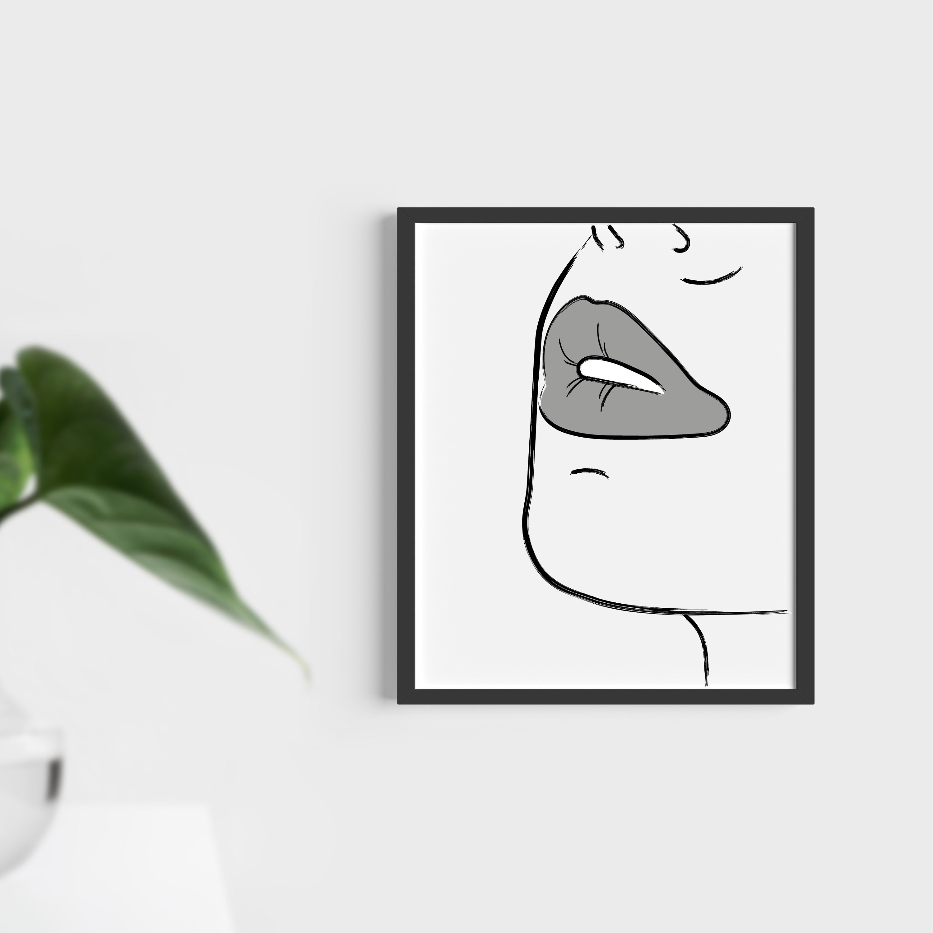 Pop Art Lips, Minimalist Digital Art, Female Face, Line Art, Printable ...