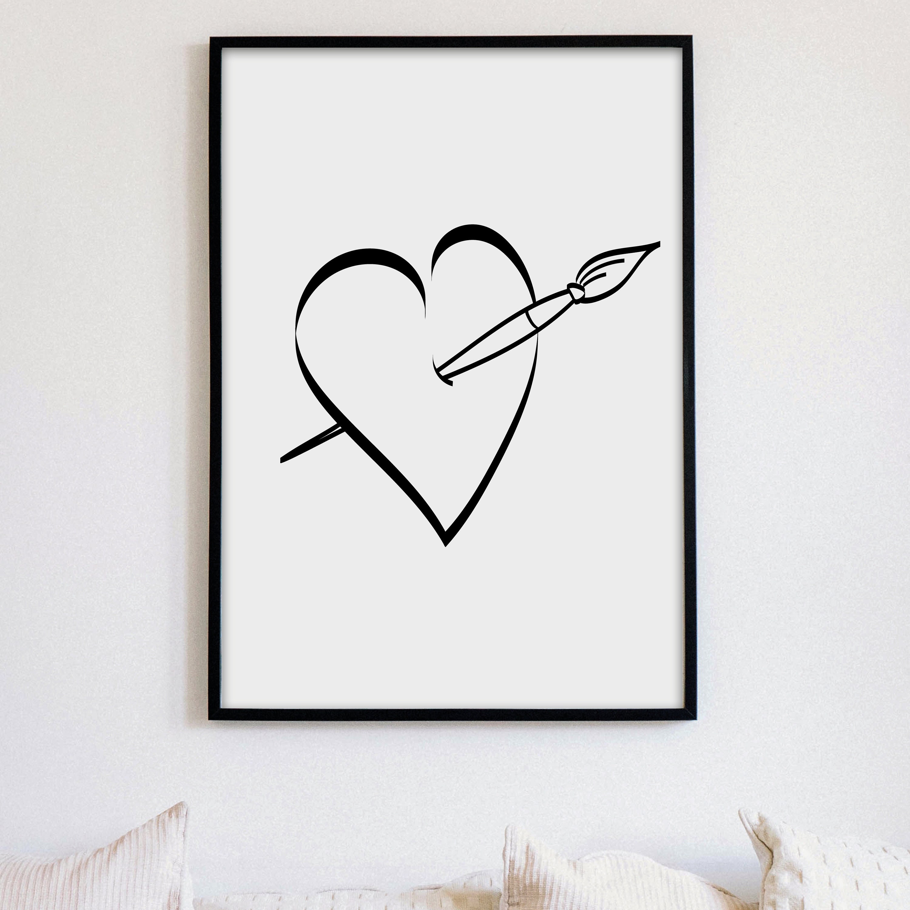 Love Art, Love Heart, Line Drawing, Love Wall Art, Heart and Paintbrush ...