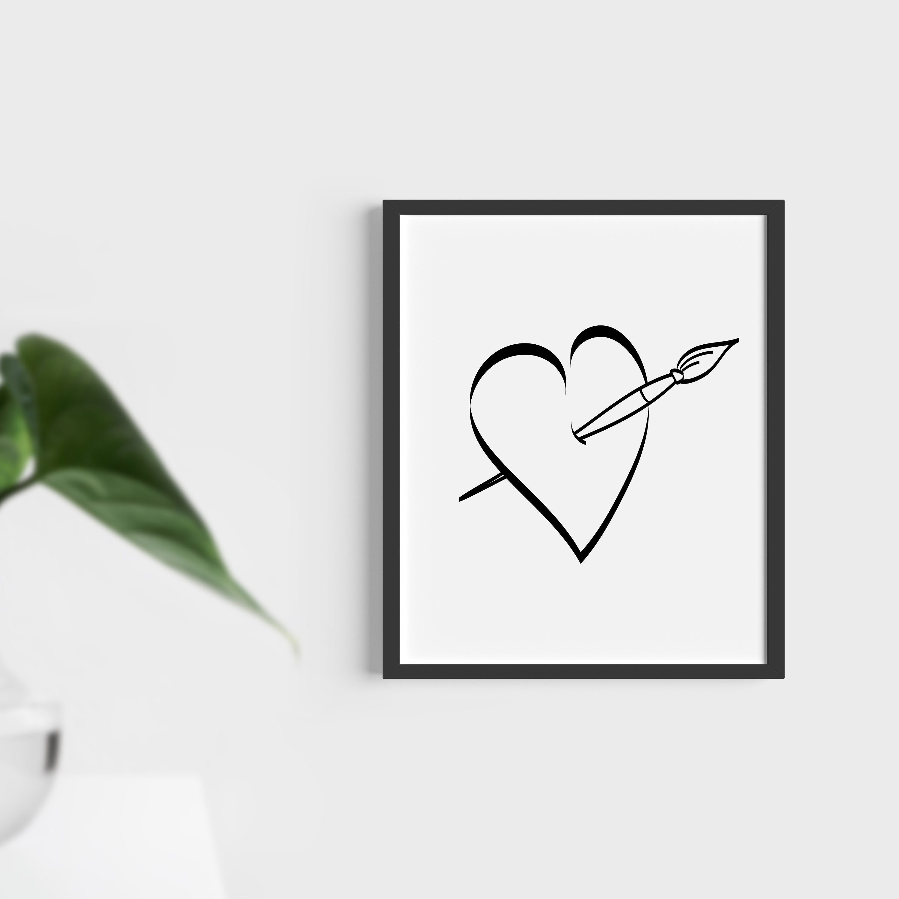 Love Art, Love Heart, Line Drawing, Love Wall Art, Heart and Paintbrush ...