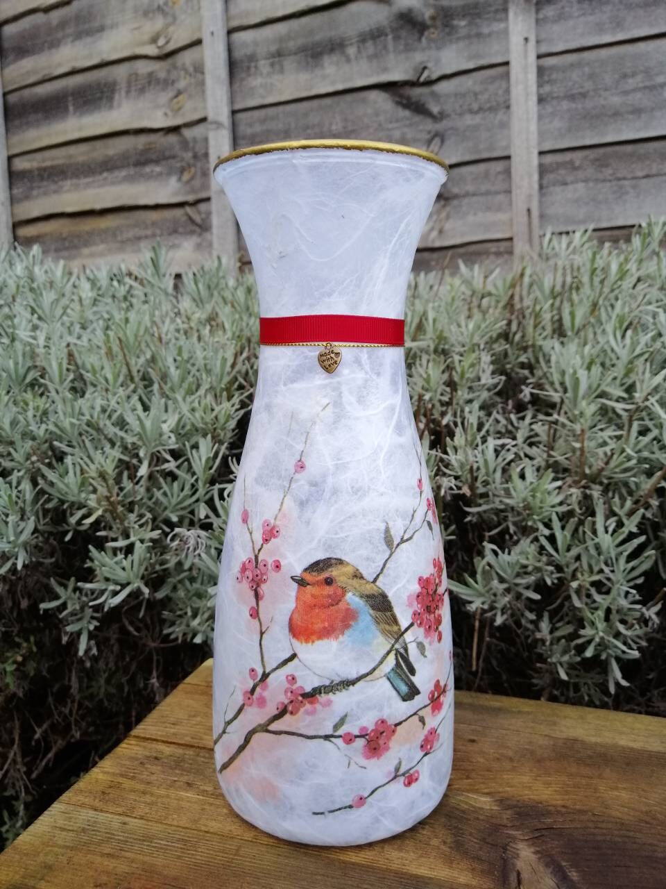 Handmade Vase with Robin. Handmade Decoupaged Robin Glass Vase - Etsy.de