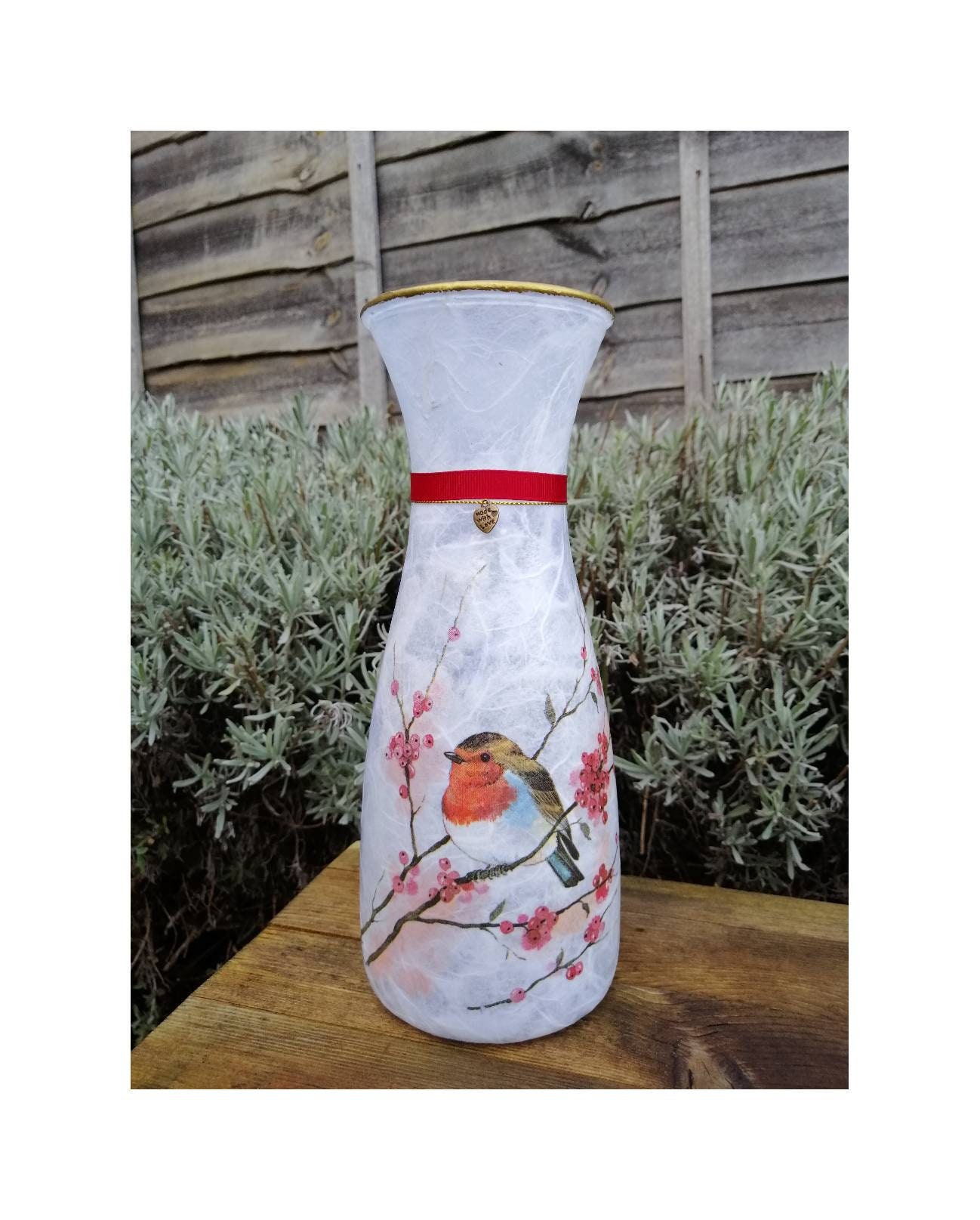 Handmade Vase with Robin. Handmade Decoupaged Robin Glass Vase - Etsy.de