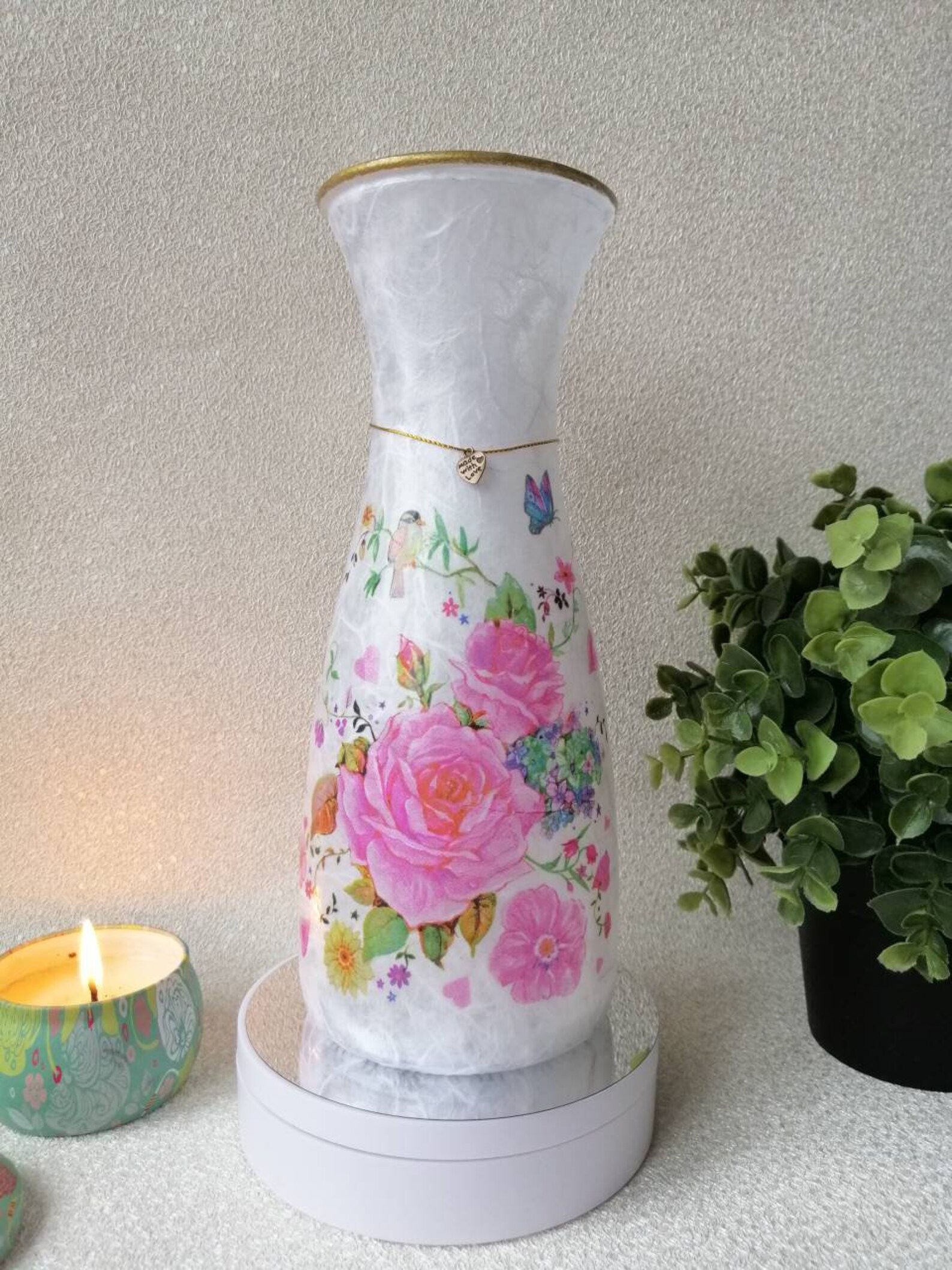 Handmade Decoupaged Vase. Light up Vase. Handmade Gift. Flower Lover ...