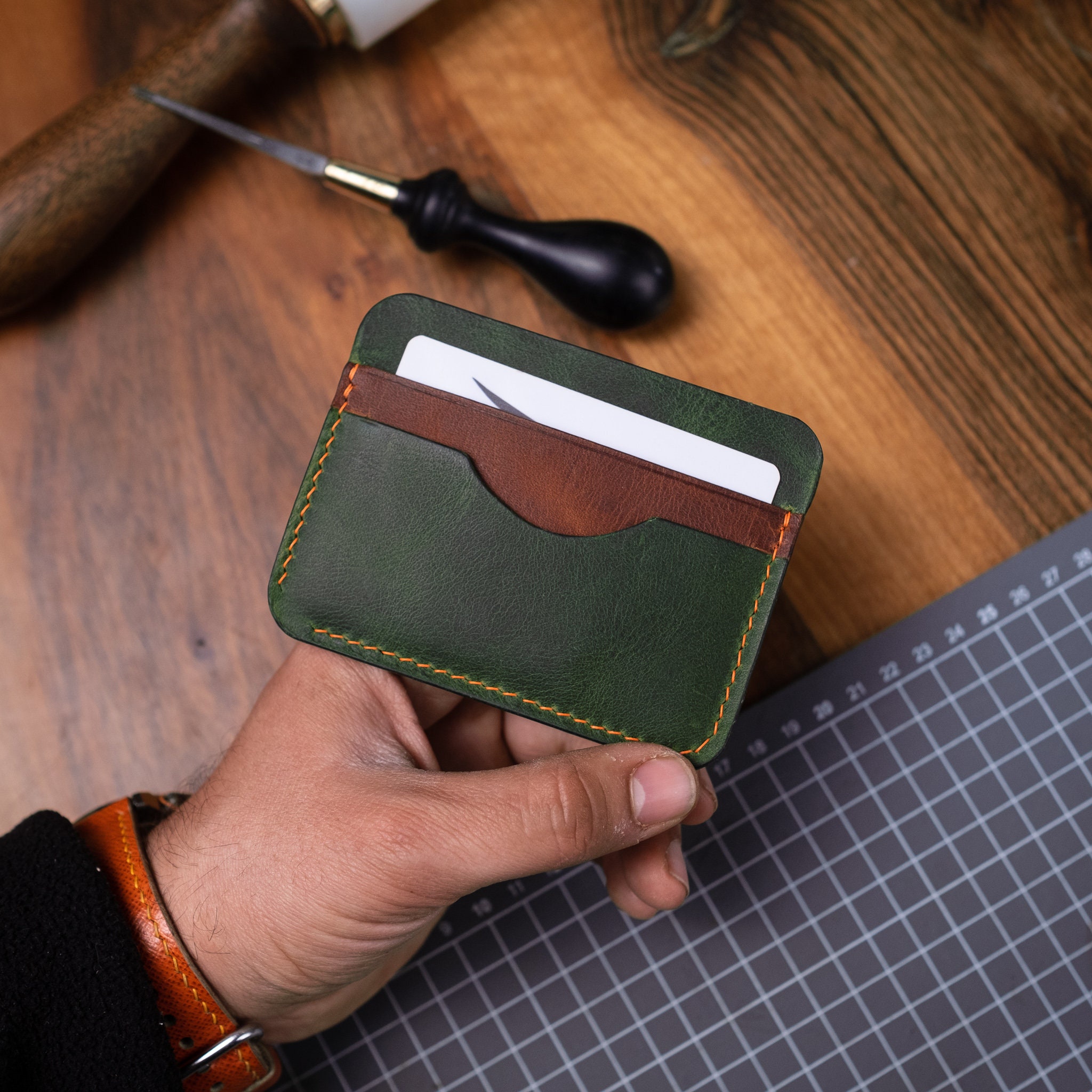 Slim Leather Card Case for Him,front Pocket Leather Wallet, Green and ...
