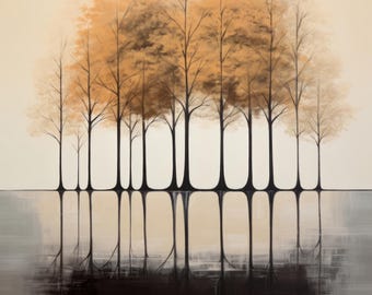 A Minimalist Painting of Trees With Symmetrical Rows and a Reflection ...