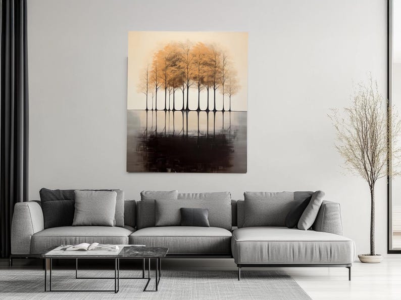 A Minimalist Painting of Trees With Symmetrical Rows and a Reflection ...