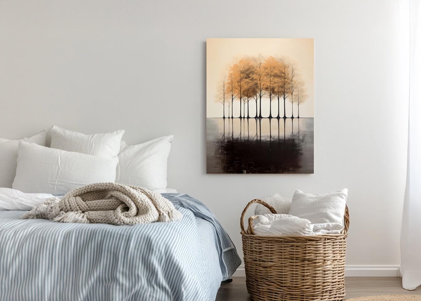 A Minimalist Painting of Trees With Symmetrical Rows and a Reflection ...