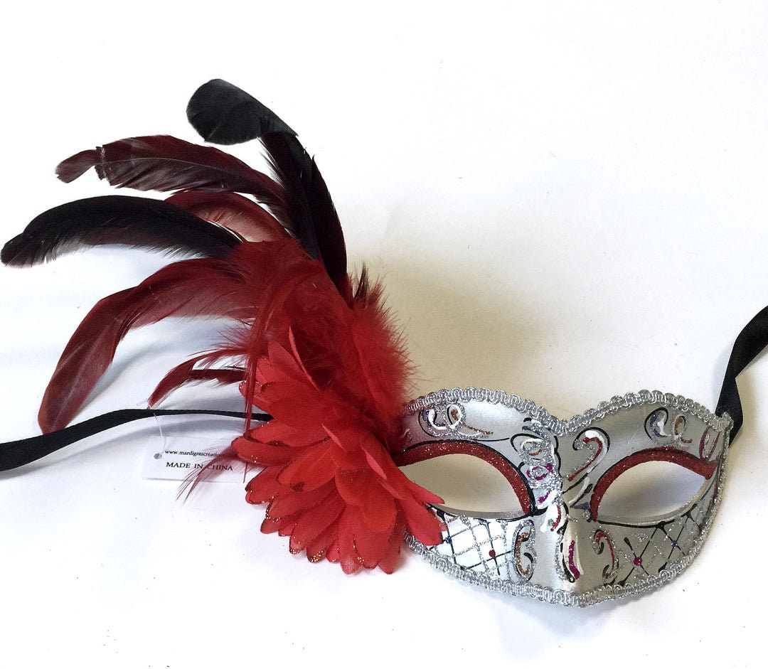 Eyelet Mask With Swirls, Flower, and Side Feathers Silver - Etsy
