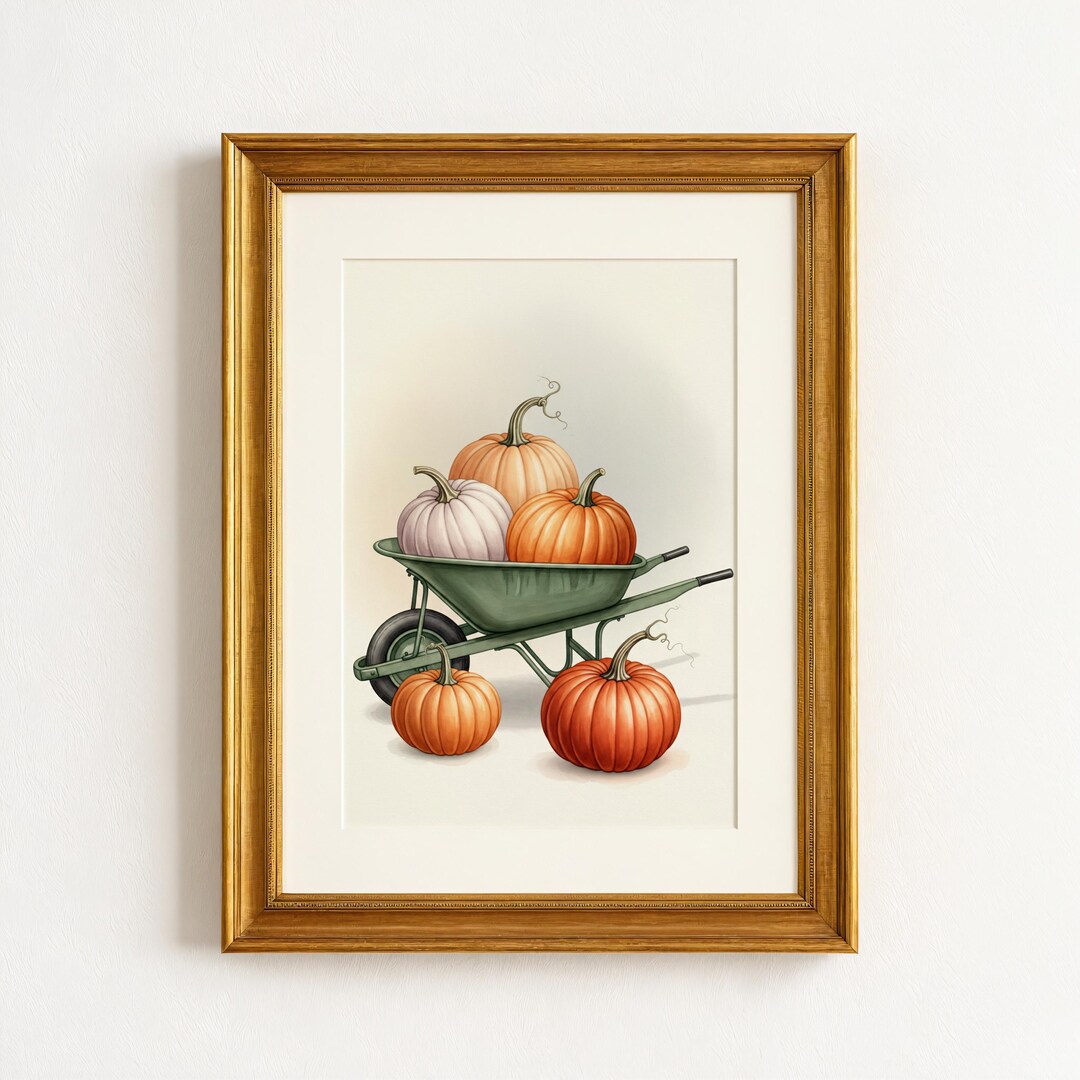 Pumpkin Wheelbarrow Art Print | Fall Harvest Farmhouse Wall Decor ...