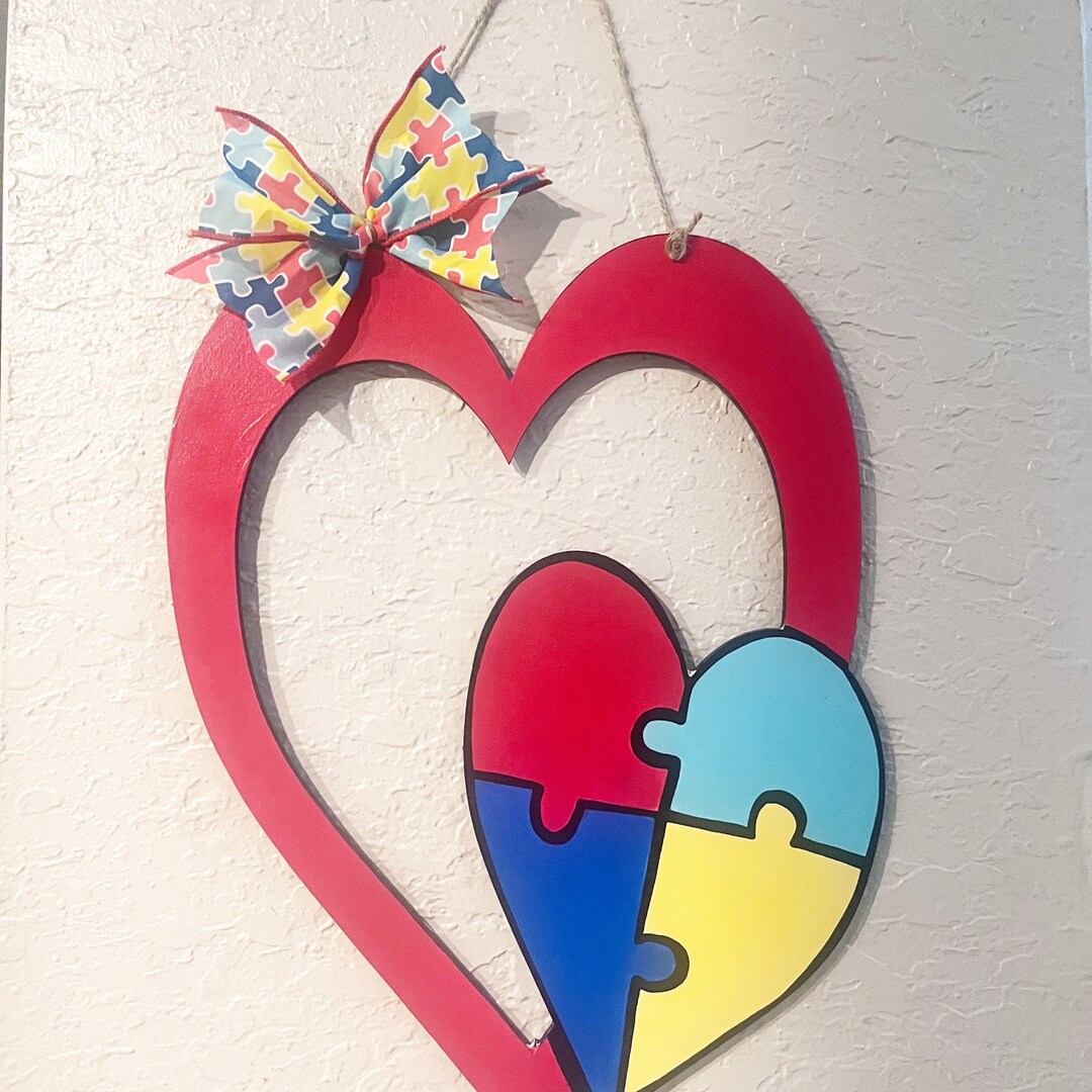 Autism Awareness Door Hanger for Front Door, Puzzle Piece Wood Wall ...