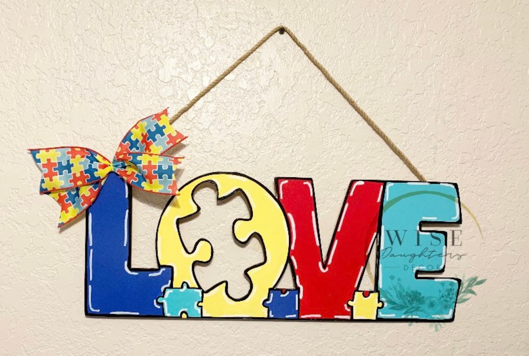 Autism Awareness Door Hanger for Front Door, Puzzle Piece Wood Wall ...