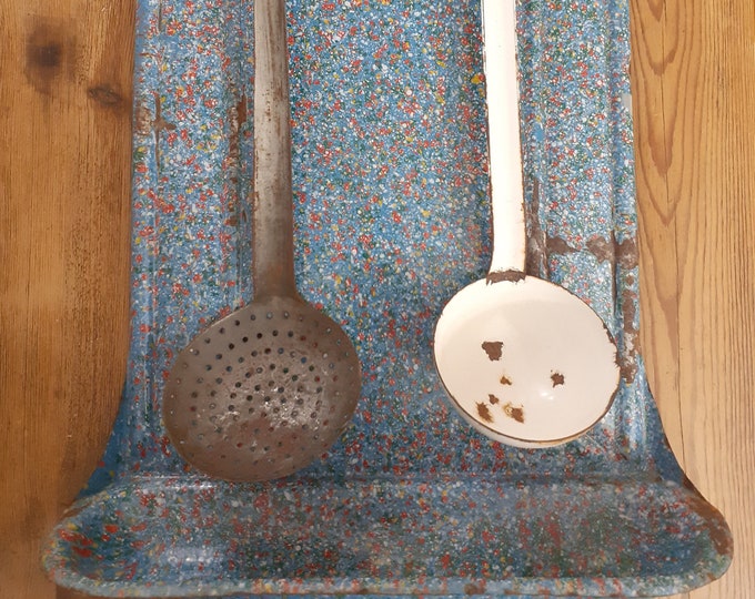 Vintage French Enamel Kitchen Utensils Holder With Drip Tray, Ladle and ...