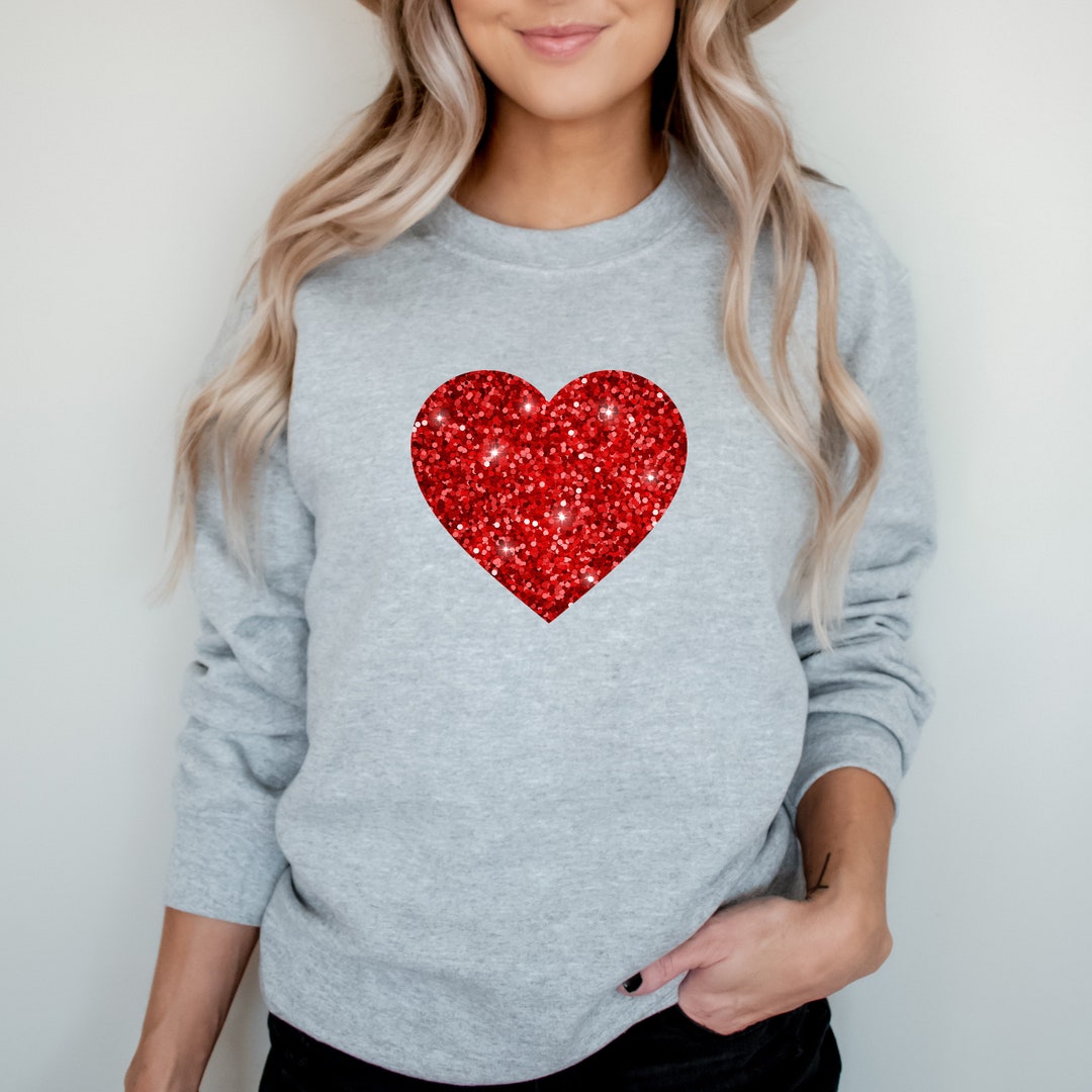 Valentine Glitter Heart Sweatshirt Womens Cute Valentine Crewneck