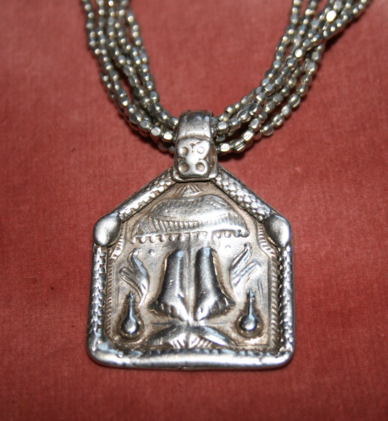 Indian Amulet Silver, Beaded Chain, Jain, Buddha Feet, Vintage Ethnic ...
