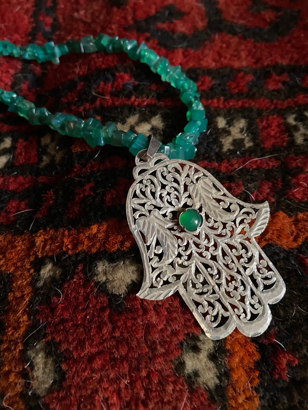 Bright Cut Silver Antique Hand of Fatima With Green Gemstone Cabochon ...