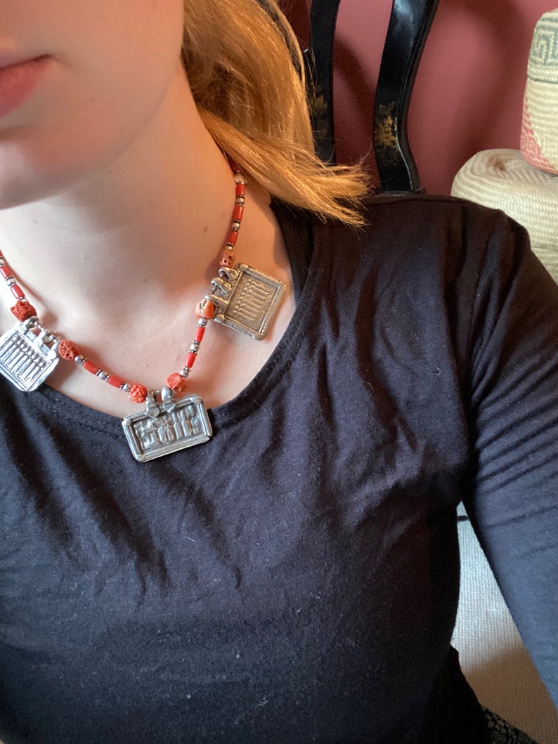 Antique Silver Indian Amulet Necklace With Vintage Coral Beads - Etsy