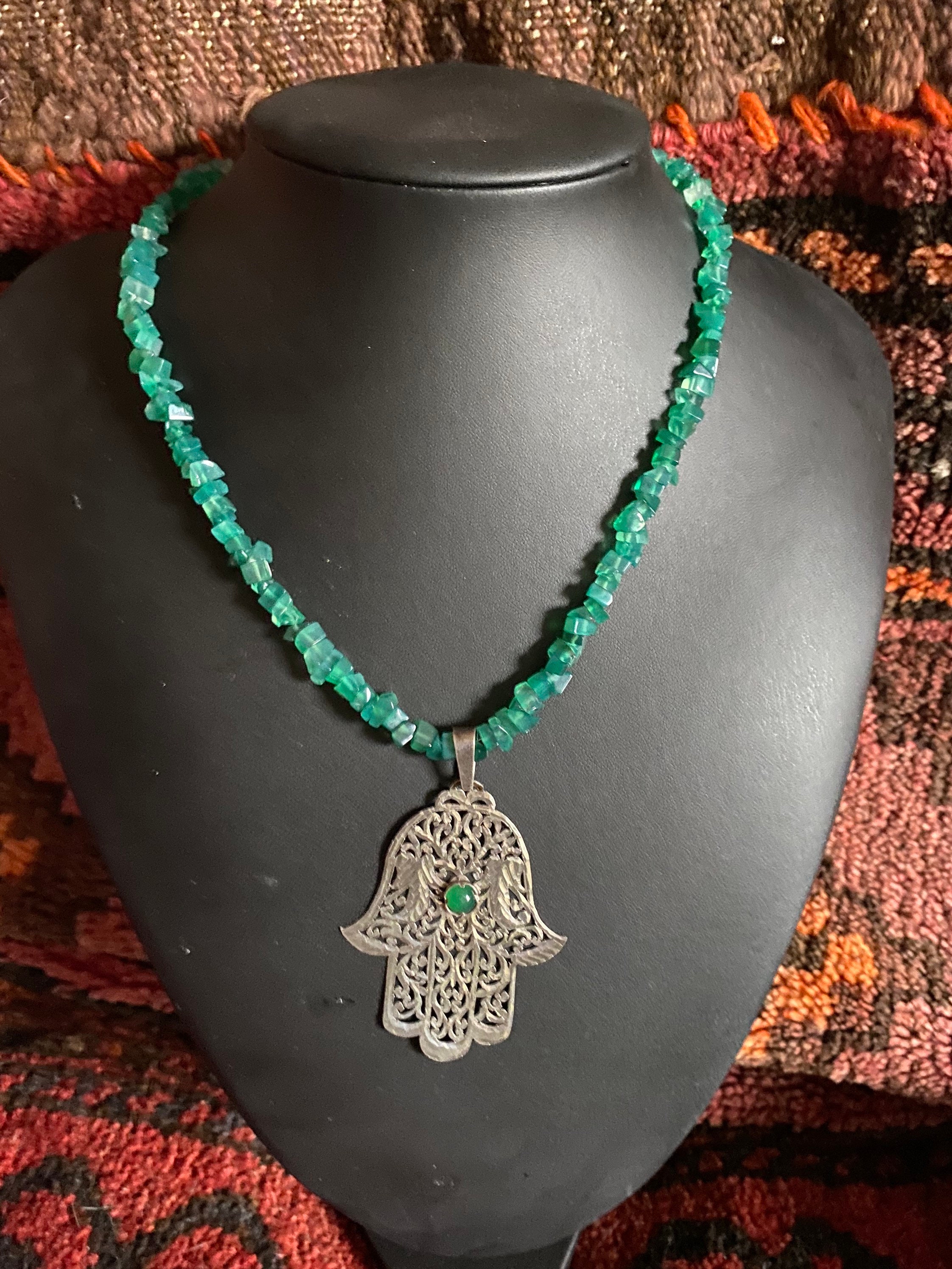 Bright Cut Silver Antique Hand of Fatima With Green Gemstone Cabochon ...