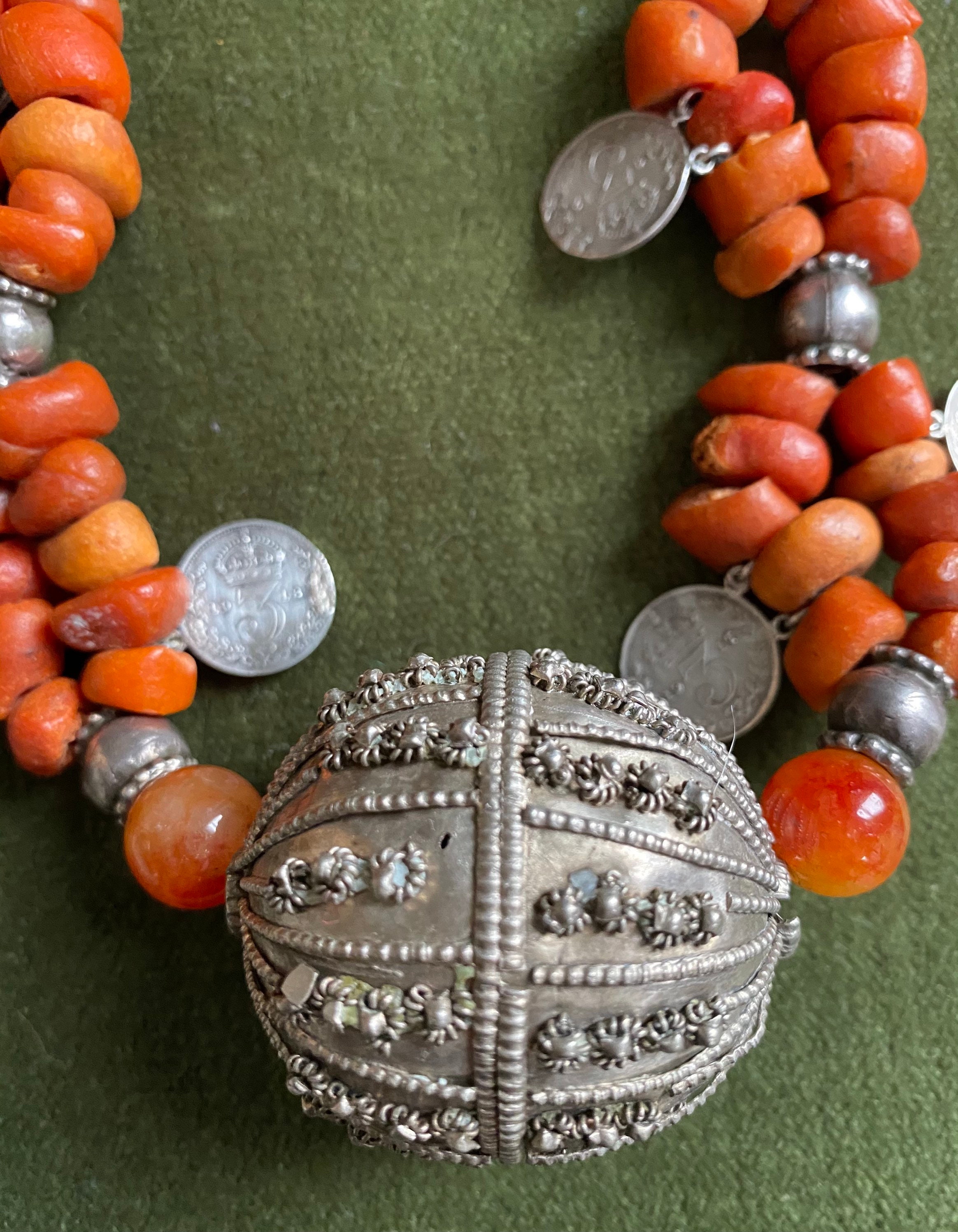 Silver Yemeni Bead Strung With Faux Amber and Silver Coins in Moroccan ...