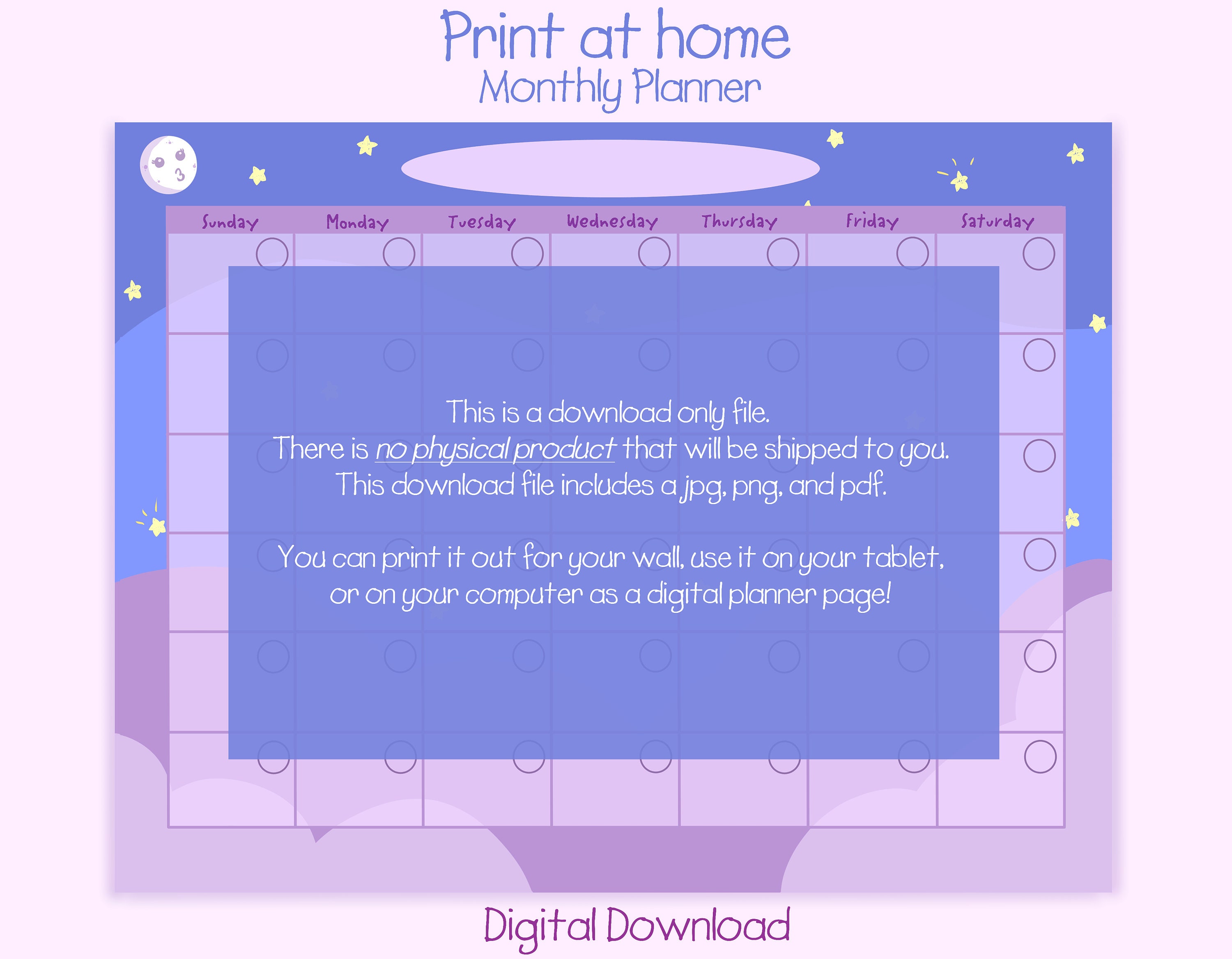 Night's Sky Printable Monthly Planner - Flexible Calendar - Digital ...