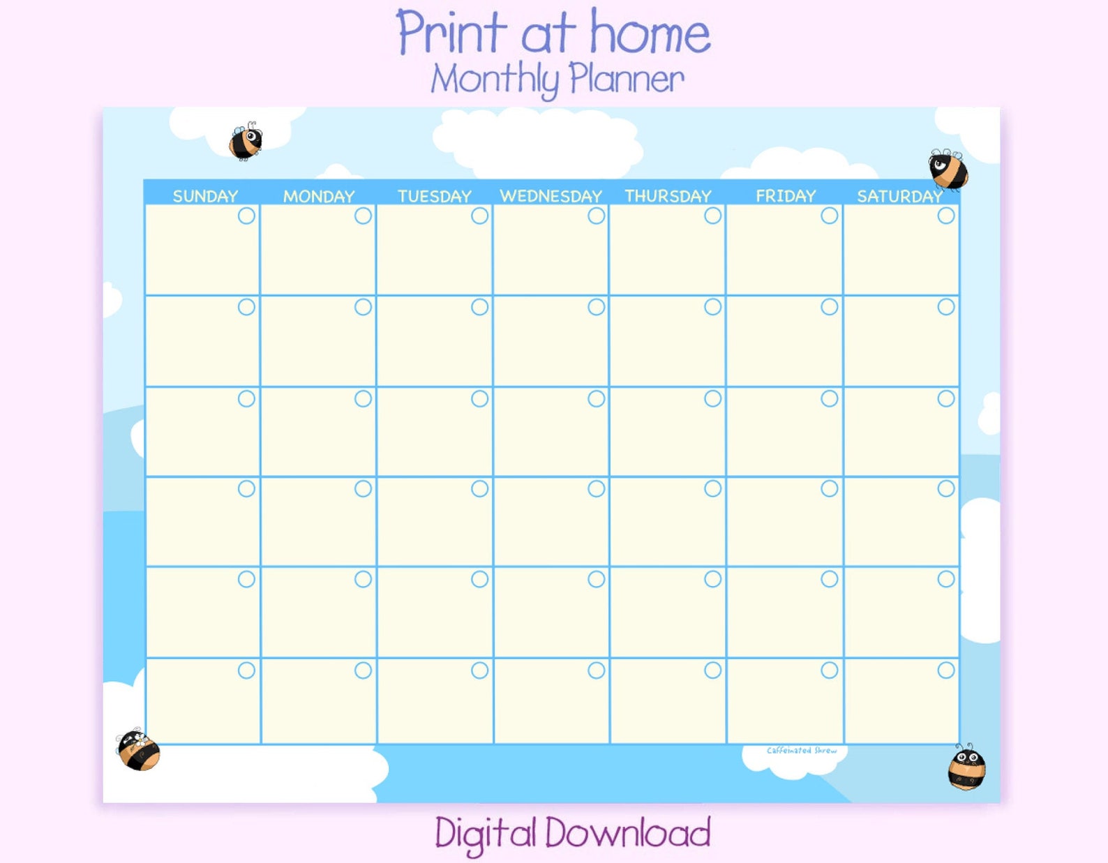 Bumblefluff Printable Monthly Planner - Bumblebee - Flexible Calendar ...