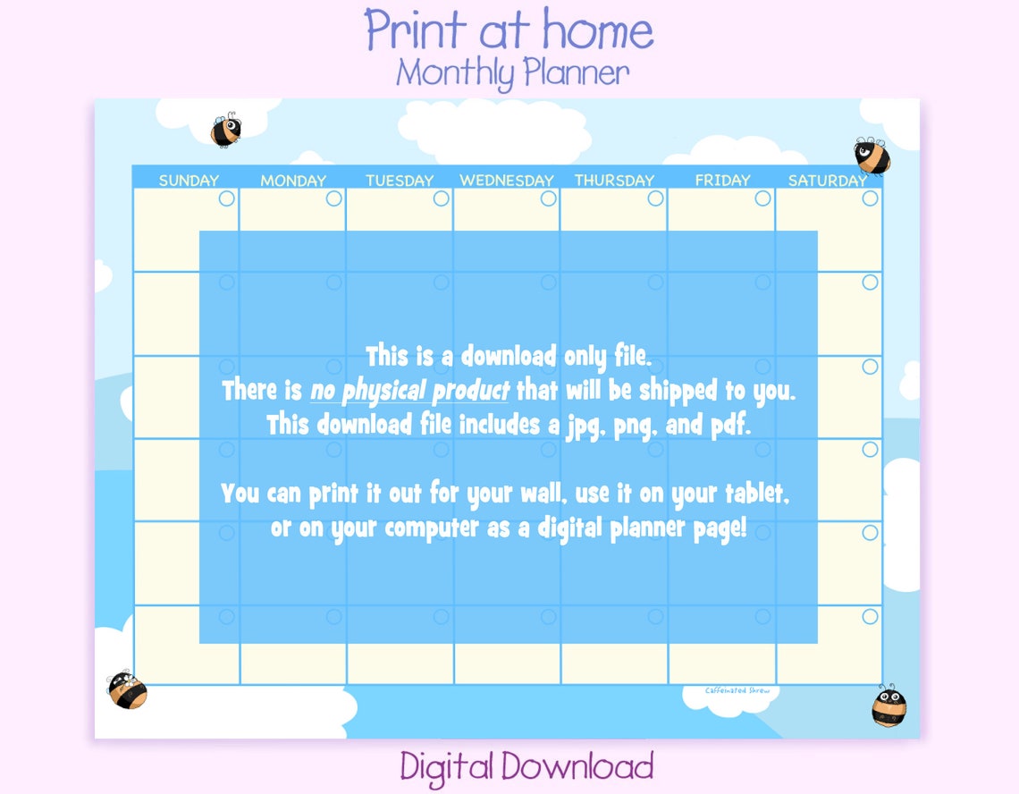 Bumblefluff Printable Monthly Planner - Bumblebee - Flexible Calendar ...