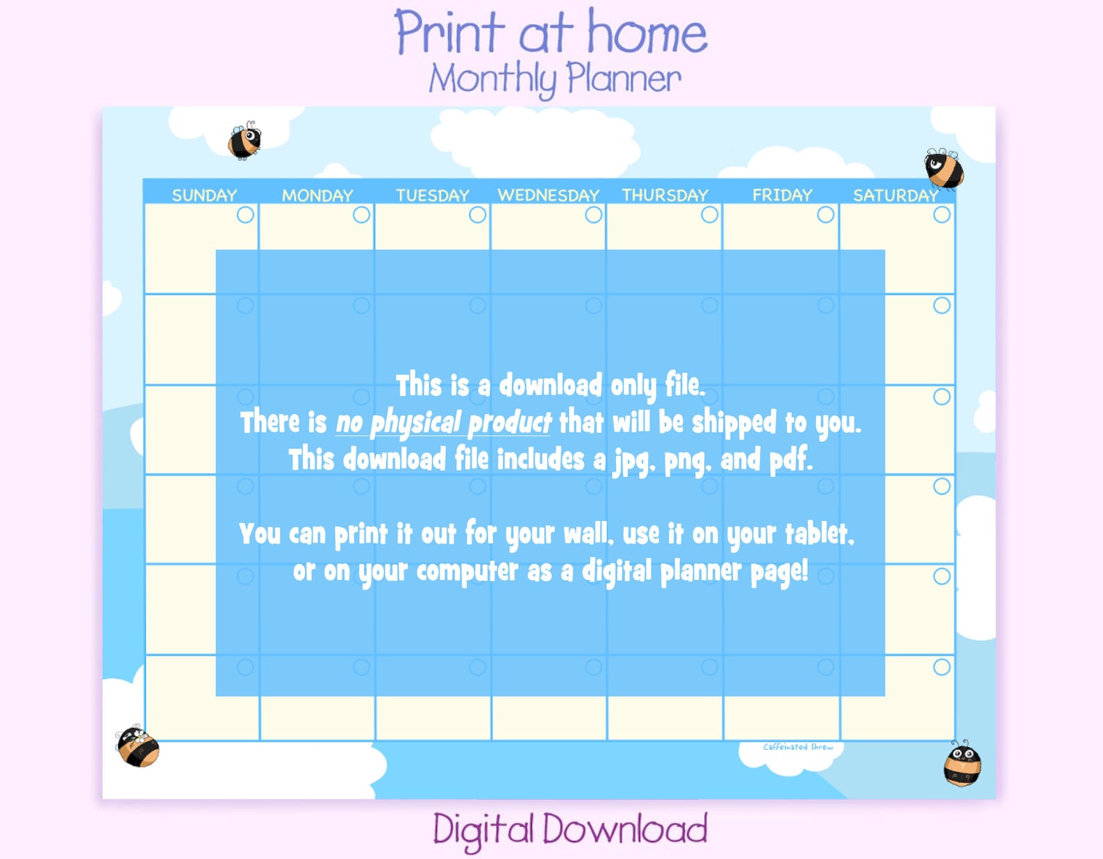 Bumblefluff Printable Monthly Planner - Bumblebee - Flexible Calendar ...