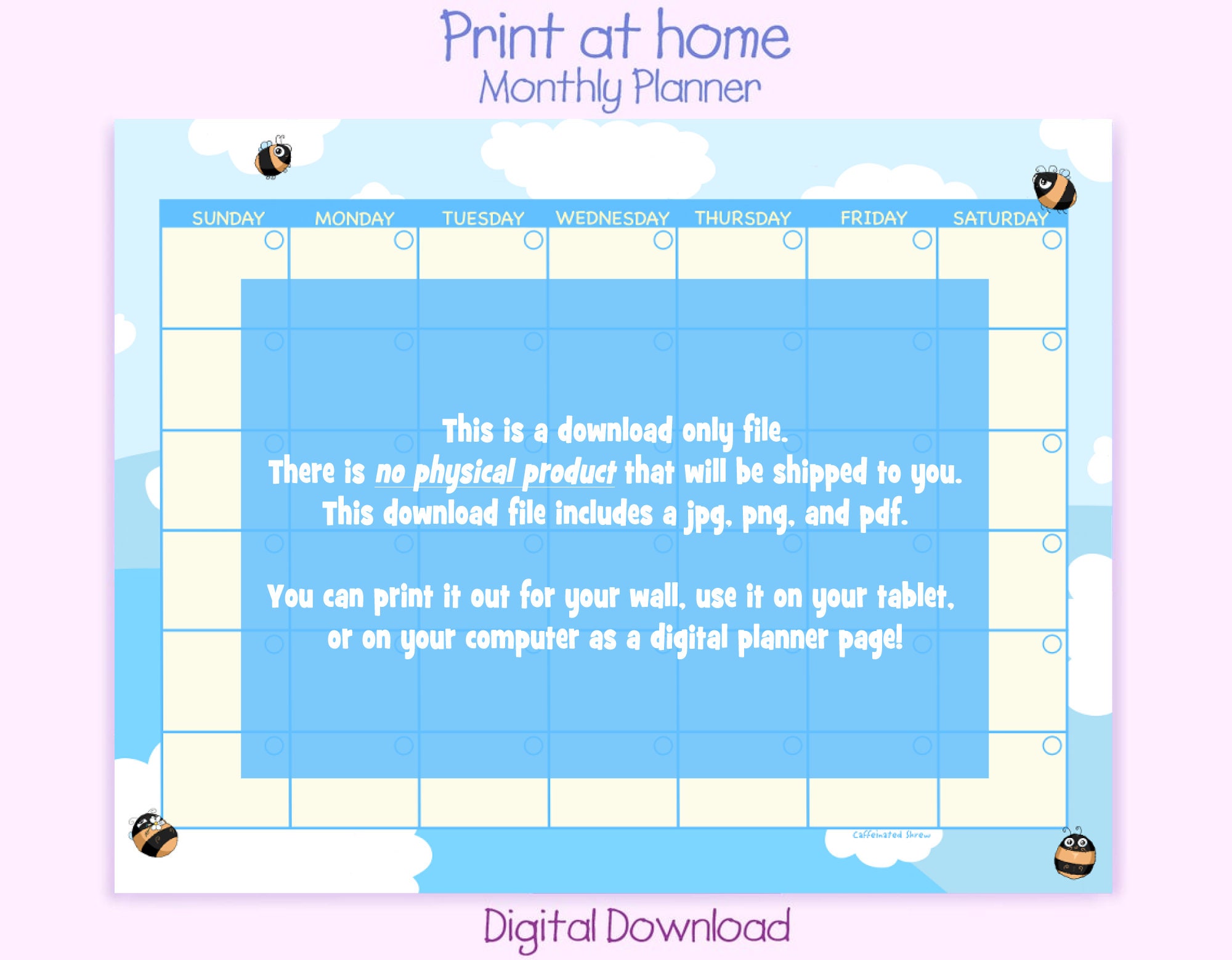 Bumblefluff Printable Monthly Planner - Bumblebee - Flexible Calendar ...