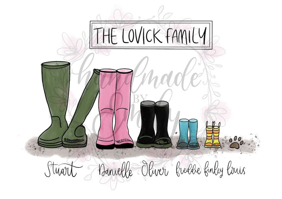 Personalized Family Wellie Boot Print: Bespoke Hand-drawn Gift - Etsy