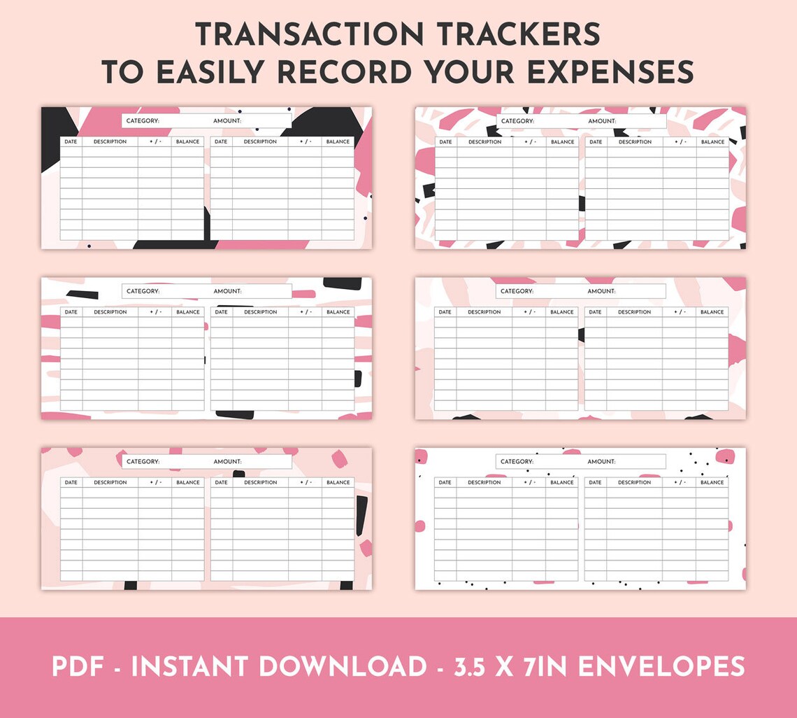 Pink Abstract Printable Cash Envelopes With Transaction Tracker ...