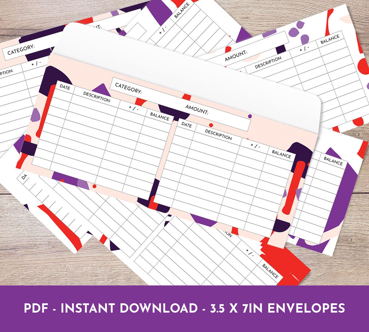 Purple & Red Printable Cash Envelopes With Transaction Tracker - Etsy