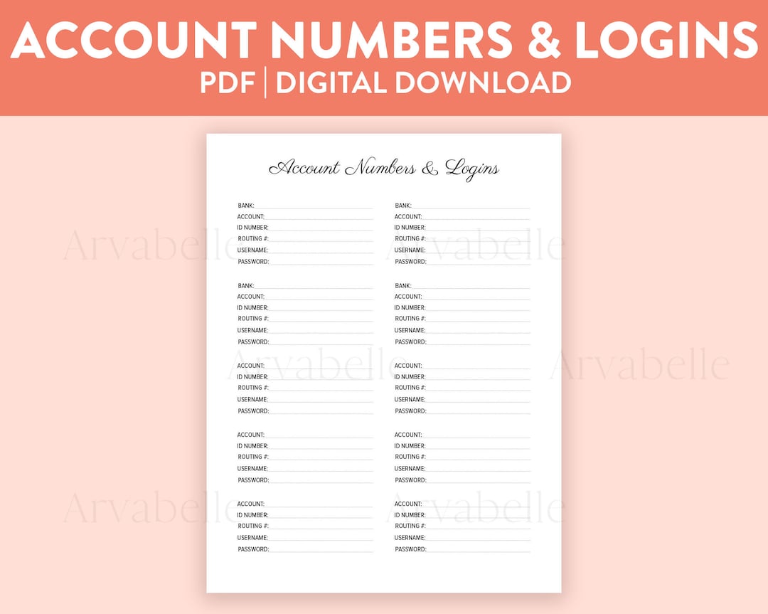 Printable Bank Account Numbers & Logins Tracker Digital Download, PDF ...
