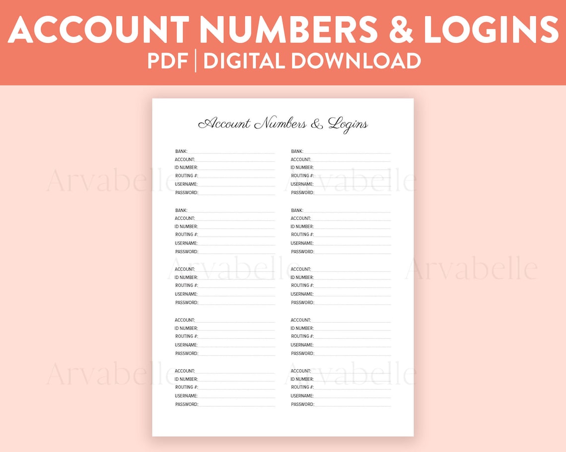 Printable Bank Account Numbers & Logins Tracker Digital Download, PDF ...